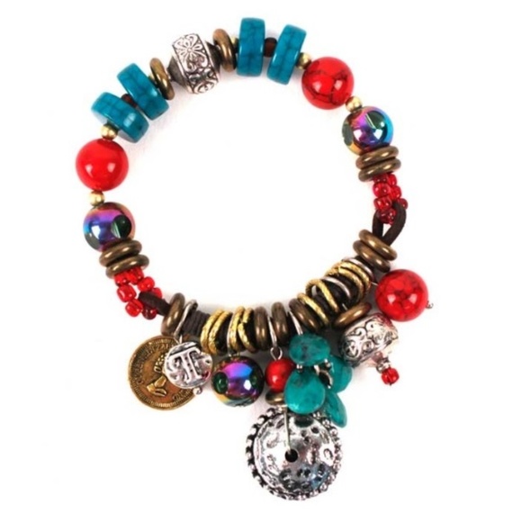 Treska | Jewelry | Treska Beaded Charm Bracelet Stretch Cord Leather ...